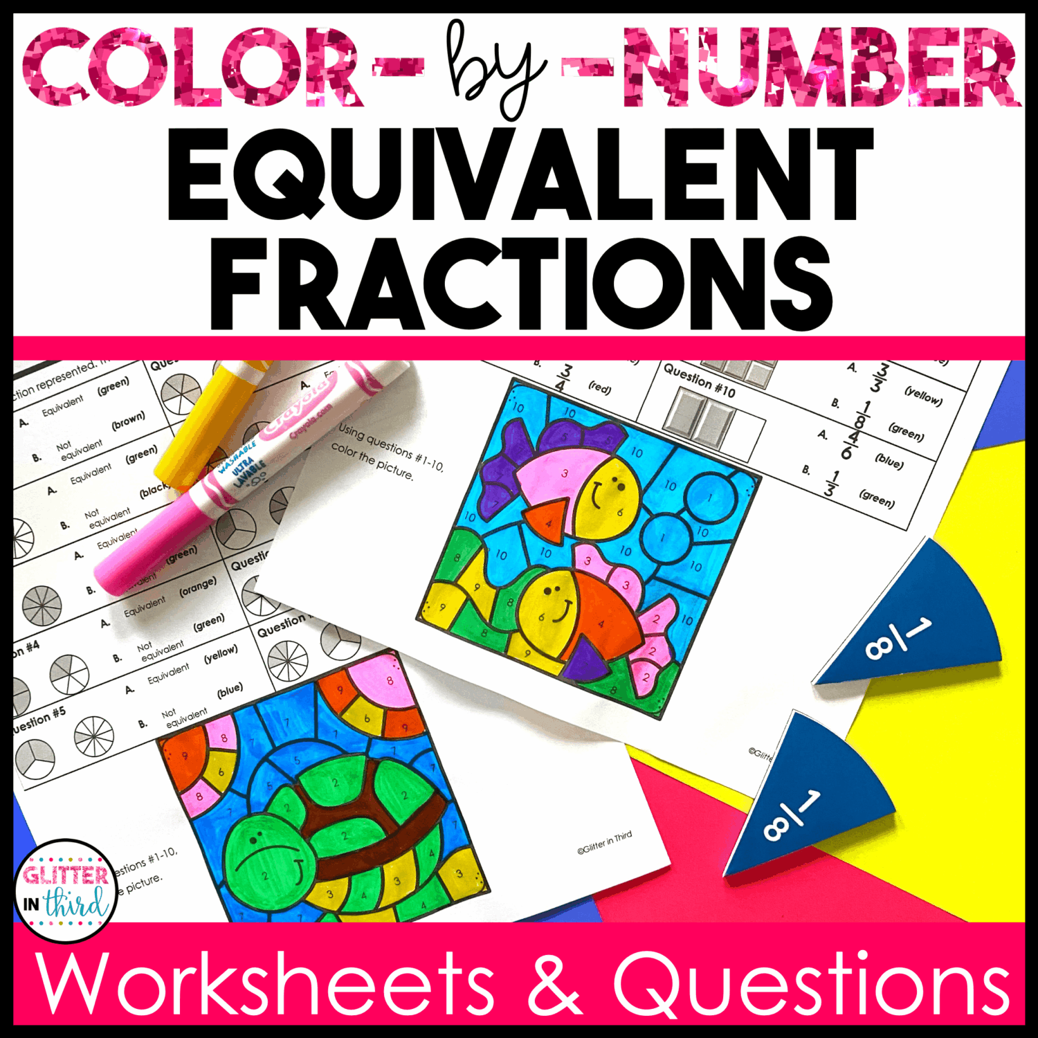 Equivalent Fractions Color By Number Worksheets - Glitter in Third