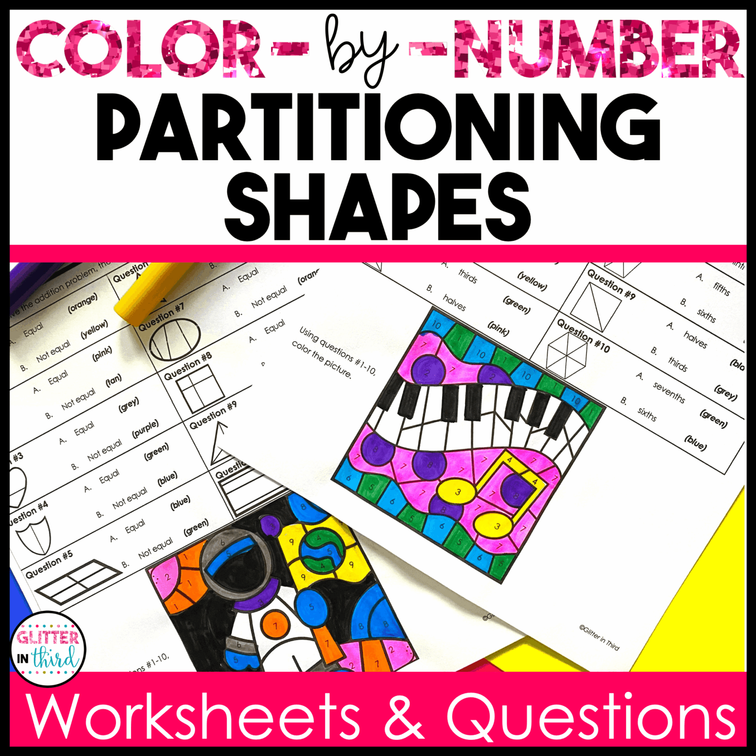Partitioning Shapes into Equal Parts Color By Number Worksheets ...
