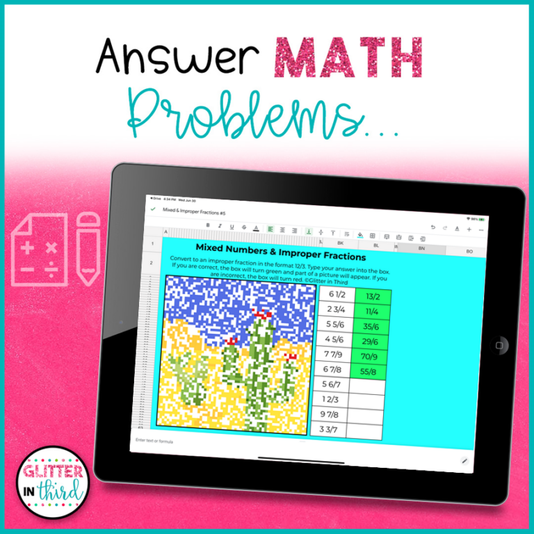 Mixed Numbers and Improper Fractions Pixel Art Activities - Glitter in ...