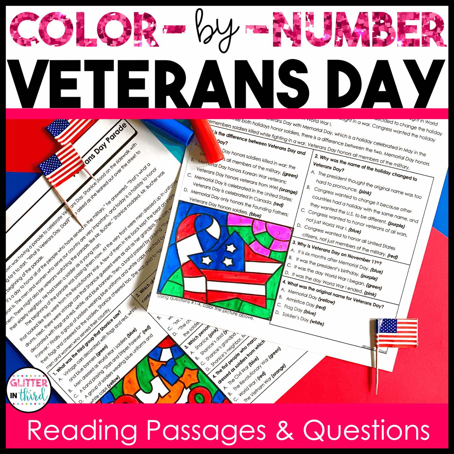 Veterans Day Reading Comprehension Passages Color-By-Number Worksheets ...