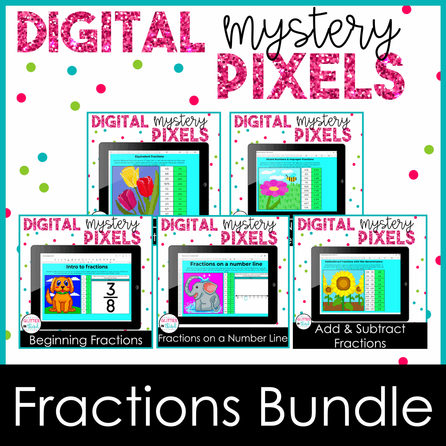 3rd Grade Fractions Pixel Art Bundle - Glitter in Third