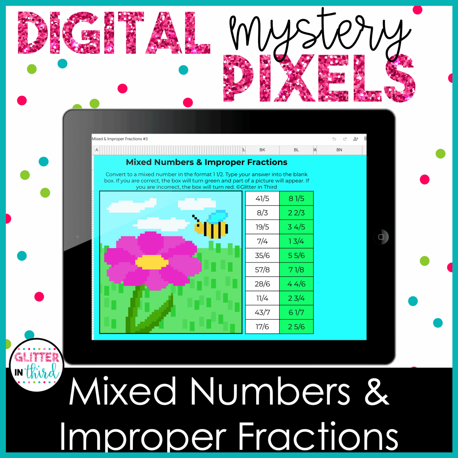 Mixed Numbers and Improper Fractions Pixel Art Activities - Glitter in ...