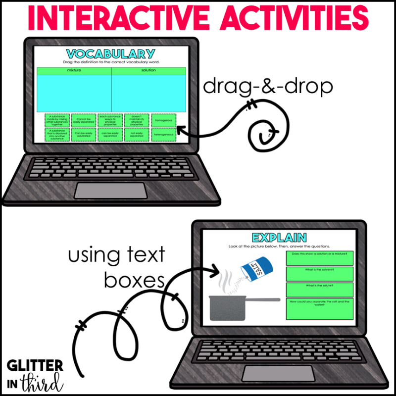 Mixtures & Solutions Activities & Reading Passages for Google Classroom - Glitter in Third
