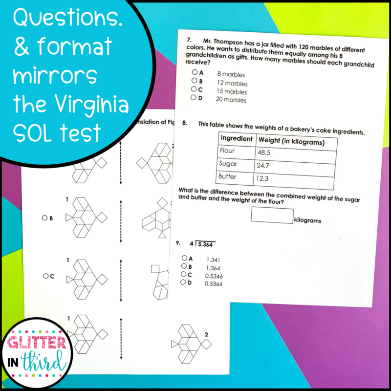 5th Grade Math SOL Review Practice - Glitter in Third