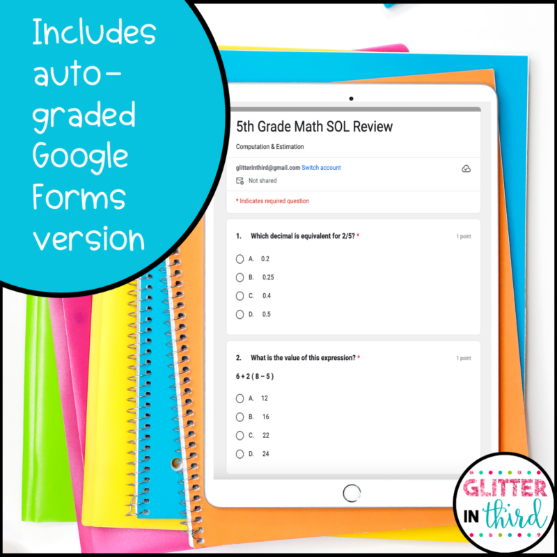5th Grade Math SOL Review Practice - Glitter in Third